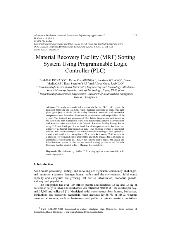 (PDF) Material Recovery Facility (MRF) Sorting System Using ...