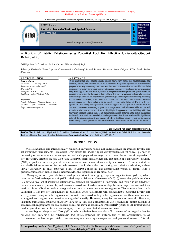 (PDF) A Review of Public Relations as a Potential Tool for Effective University-Student Relationship