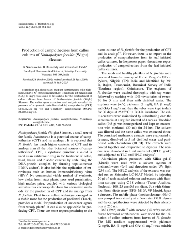(PDF) Production of camptothecines from callus cultures of Nothapodytes ...