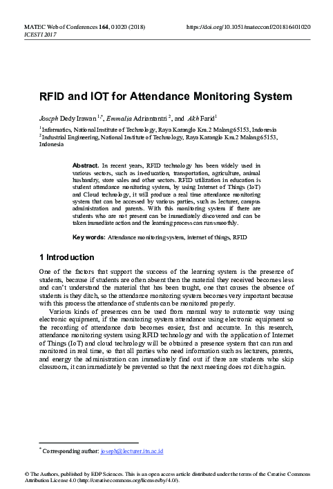 Pdf Rfid And Iot For Attendance Monitoring System