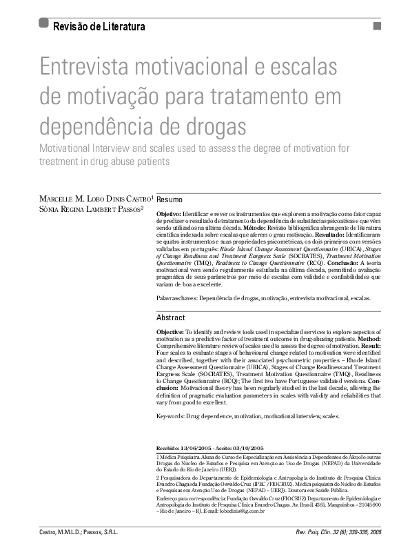 (PDF) Entrevista motivacional e escalas de motiva o para tratamento em depend ncia de drogas ...