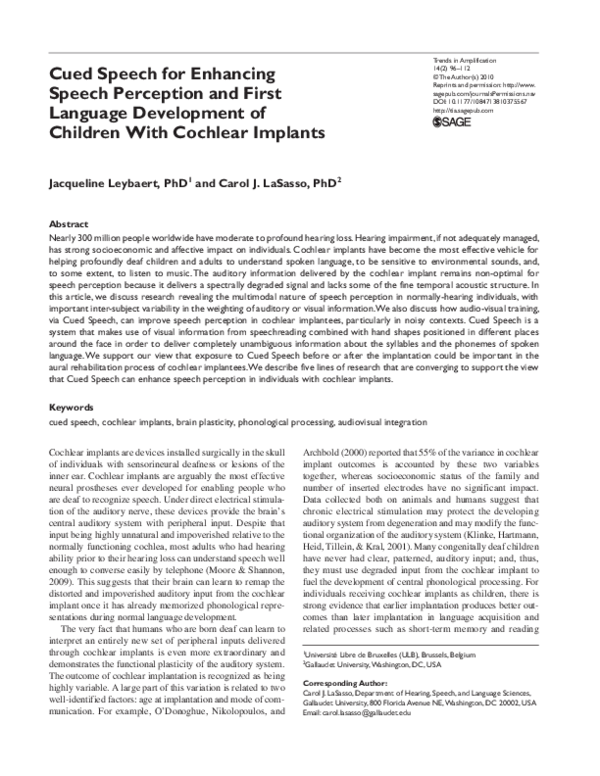 (PDF) Cued Speech for Enhancing Speech Perception and First Language ...