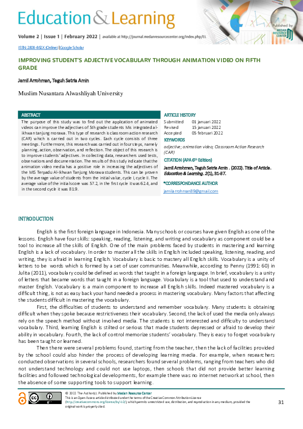 (PDF) Improving Student’s Adjective Vocabulary Through Animation Video ...