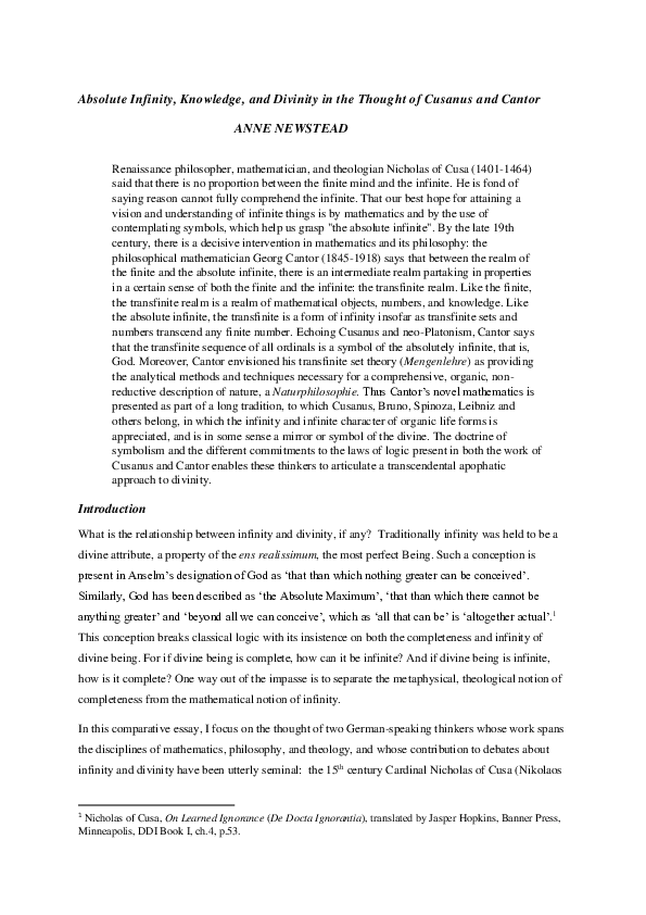 (PDF) Absolute Infinity, Knowledge, and Divinity in the Thought of ...