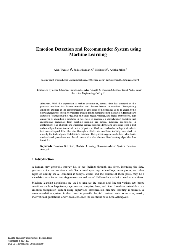 (PDF) Emotion Detection and Recommender System using Machine Learning