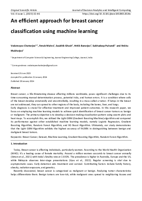 (PDF) An efficient approach for breast cancer classification using machine learning