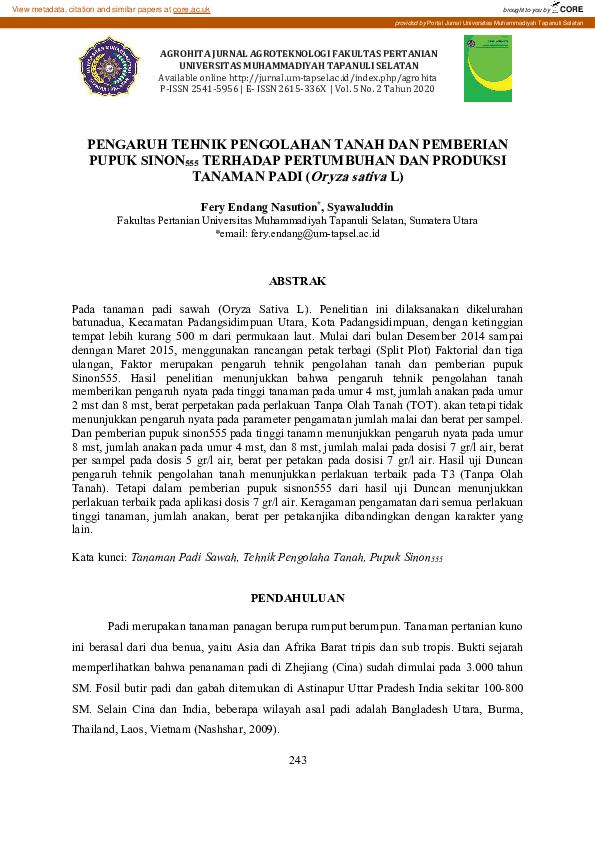 (PDF) PENGARUH TEHNIK PENGOLAHAN TANAH DAN PEMBERIAN PUPUK SINON555 TERHADAP PERTUMBUHAN DAN ...