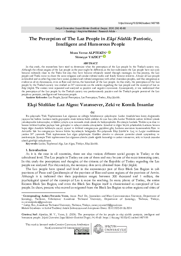 (PDF) Ekşi Sözlükte Laz Algısı: Zeki Çalışkan ve Vatansever İnsanlar