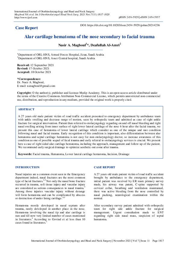 (PDF) Alar cartilage hematoma of the nose secondary to facial trauma