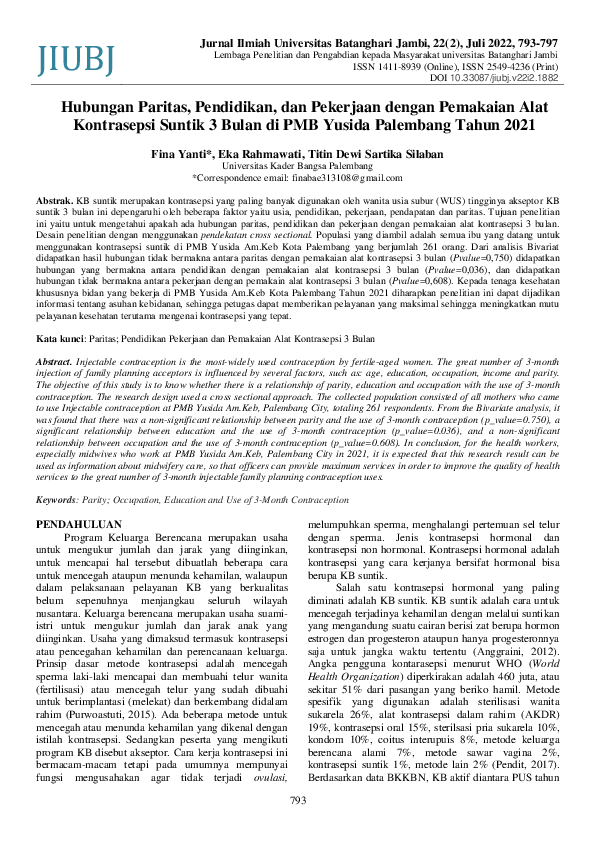 (PDF) Hubungan Paritas, Pendidikan, dan Pekerjaan dengan Pemakaian Alat Kontrasepsi Suntik 3 ...