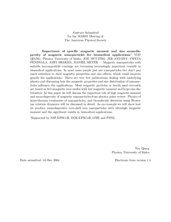 (PDF) Importance of specific magnetic moment and size monodispersity of ...