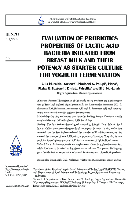 (PDF) Evaluation of probiotics properties of lactic acid bacteria ...