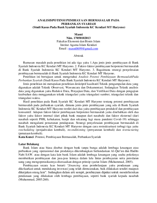 (PDF) ANALISISPOTENSI PEMBIAYAAN BERMASALAH PADA PERBANKAN SYARIAH (Studi Kasus Pada Bank ...