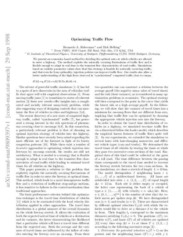 (PDF) Optimizing Traffic Flow | Bernardo Huberman - Academia.edu