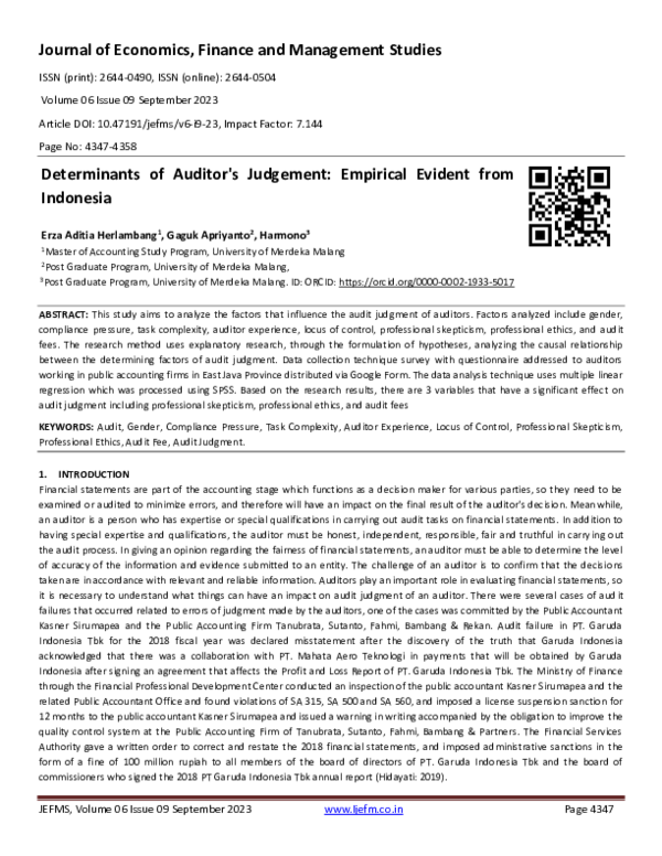 (PDF) Determinants of Auditor's Judgement: Empirical Evident from Indonesia