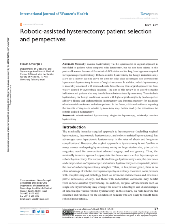 (PDF) Robotic-assisted hysterectomy: patient selection and perspectives