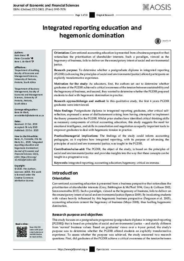 (PDF) Integrated reporting education and hegemonic domination