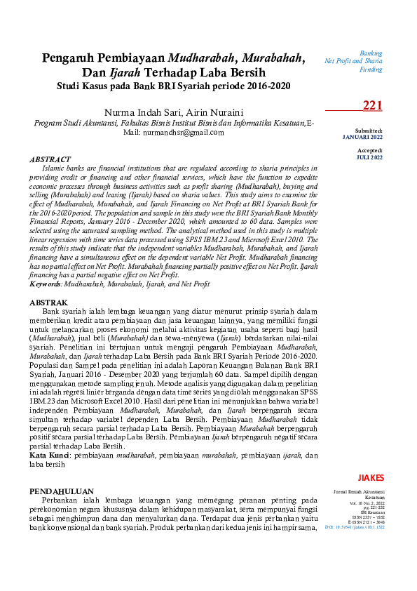 (PDF) Pengaruh Pembiayaan Mudharabah, Murabahah, Dan Ijarah Terhadap Laba Bersih