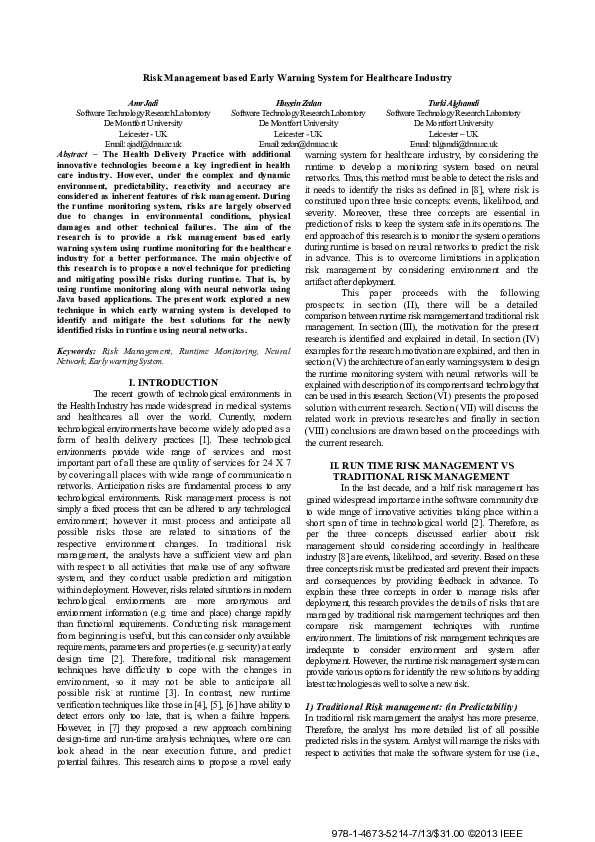 (PDF) Risk management based early warning system for healthcare industry