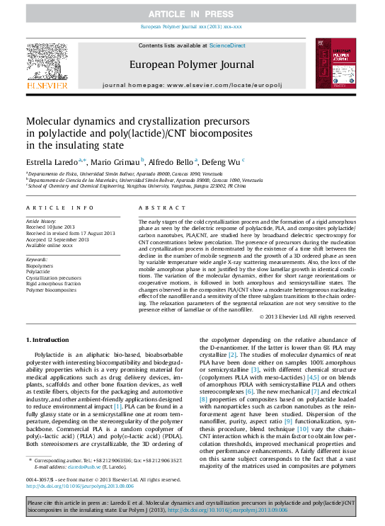 Pdf Molecular Dynamics And Crystallization Precursors In Polylactide And Poly Lactide Cnt