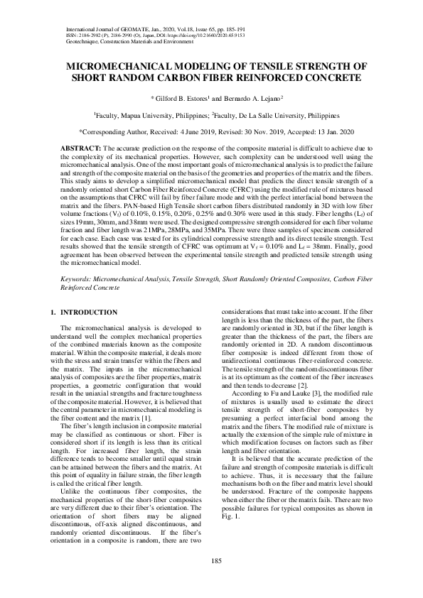 (PDF) Micromechanical Modeling of Tensile Strength of Short Random Carbon Fiber Reinforced Concrete