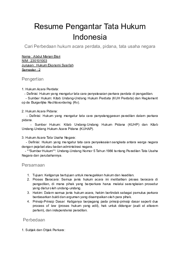 (PDF) Resume Perbedaan Hukum Acara Perdata, Hukum Acara Pidana , dan ...