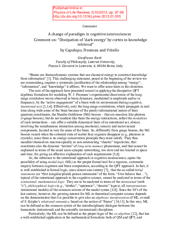 (PDF) A change of paradigm in cognitive neurosciences | Gianfranco ...