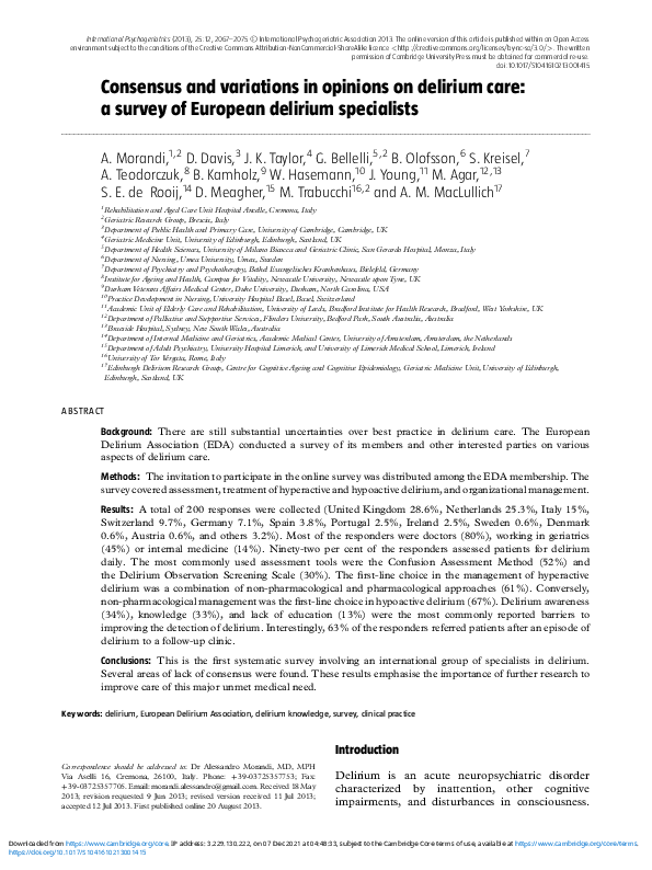 (PDF) Consensus and variations in opinions on delirium care: a survey ...