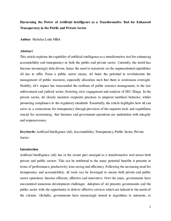 (PDF) Harnessing the Power of Artificial Intelligence as a Transformative Tool for Enhanced ...