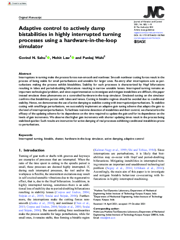 (PDF) Adaptive control to actively damp bistabilities in highly interrupted turning processes ...