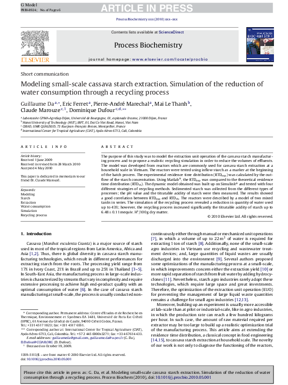 (PDF) Modeling small-scale cassava starch extraction. Simulation of the ...