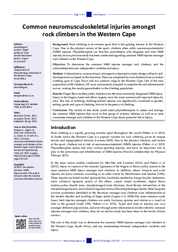(PDF) Common neuromusculoskeletal injuries amongst rock climbers in the ...