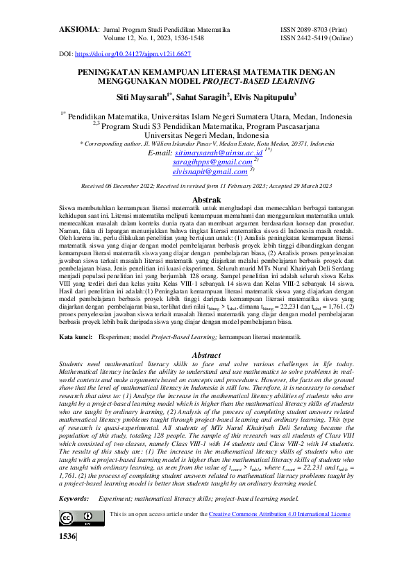 (PDF) Peningkatan Kemampuan Literasi Matematik Dengan Menggunakan Model Project-Based Learning