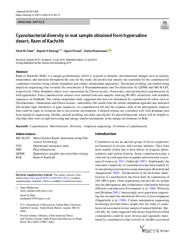 (PDF) Cyanobacterial diversity in mat sample obtained from hypersaline desert, Rann of Kachchh ...