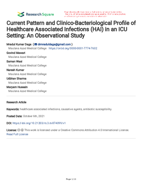 (PDF) Current Pattern and Clinico-Bacteriological Profile of Healthcare Associated Infections ...