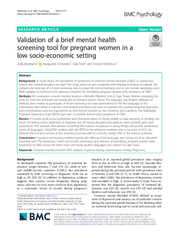 (PDF) Validation of a brief mental health screening tool for pregnant ...