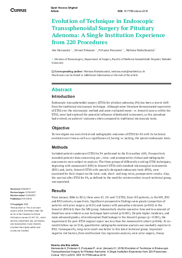 (PDF) Evolution of Technique in Endoscopic Transsphenoidal Surgery for ...