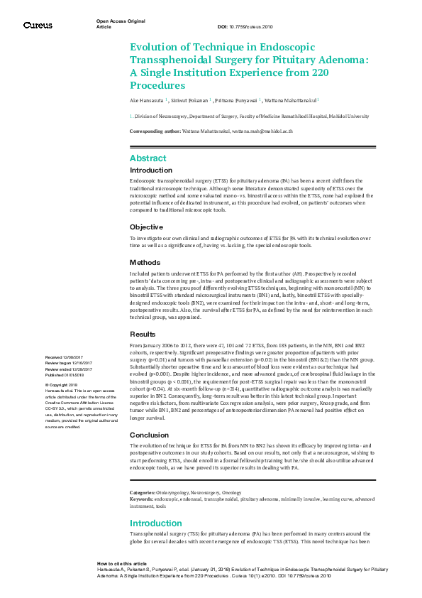 (PDF) Evolution of Technique in Endoscopic Transsphenoidal Surgery for ...