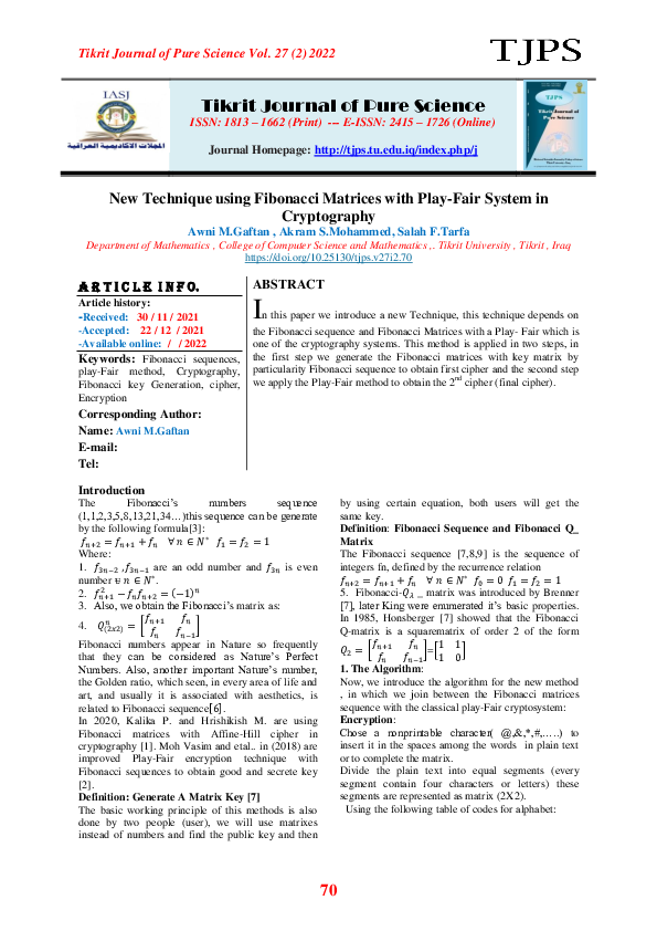 (PDF) New Technique using Fibonacci Matrices with Play-Fair System in Cryptography