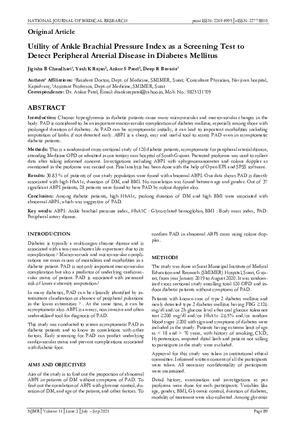 Pdf Utility Of Ankle Brachial Pressure Index As A Screening Test To