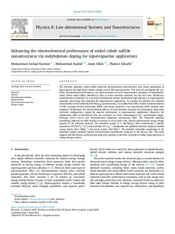 (PDF) Enhancing the electrochemical performance of nickel cobalt sulfide nanostructures via ...