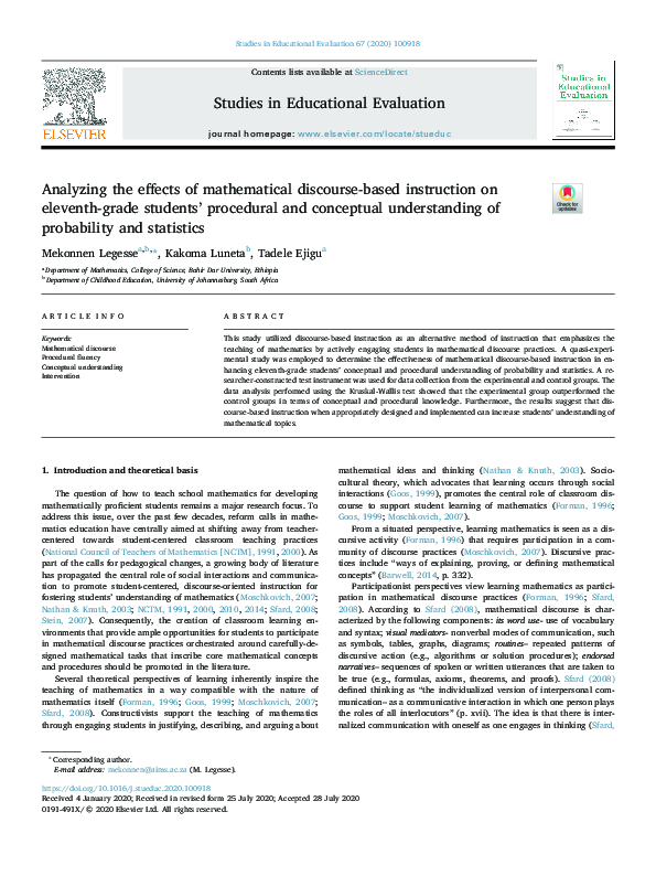 (PDF) Analyzing the effects of mathematical discourse-based instruction on eleventh-grade ...