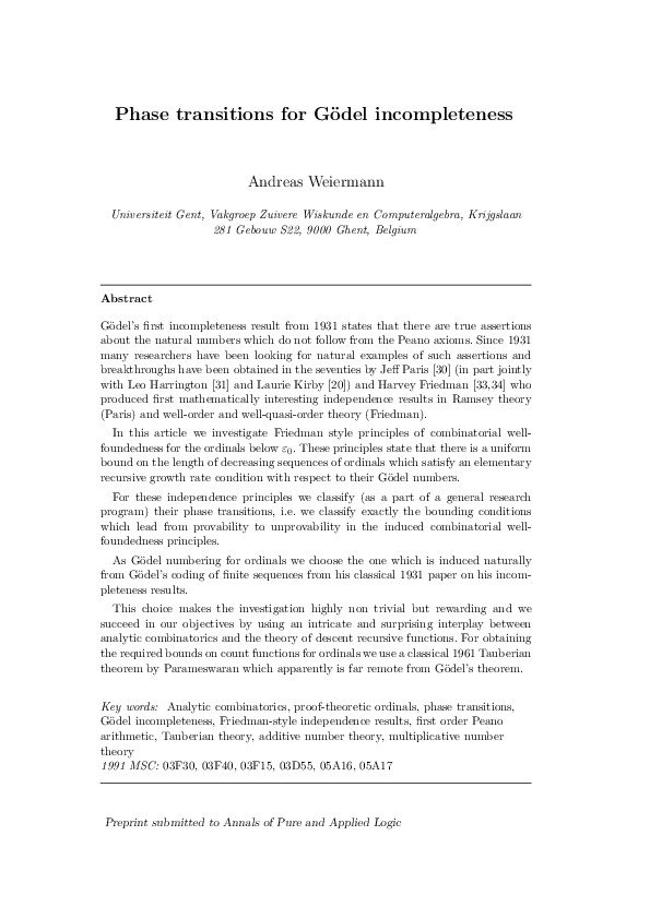 (PDF) Phase transitions for Gödel incompleteness