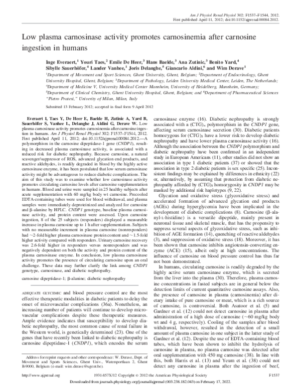 (PDF) Low plasma carnosinase activity promotes carnosinemia after ...