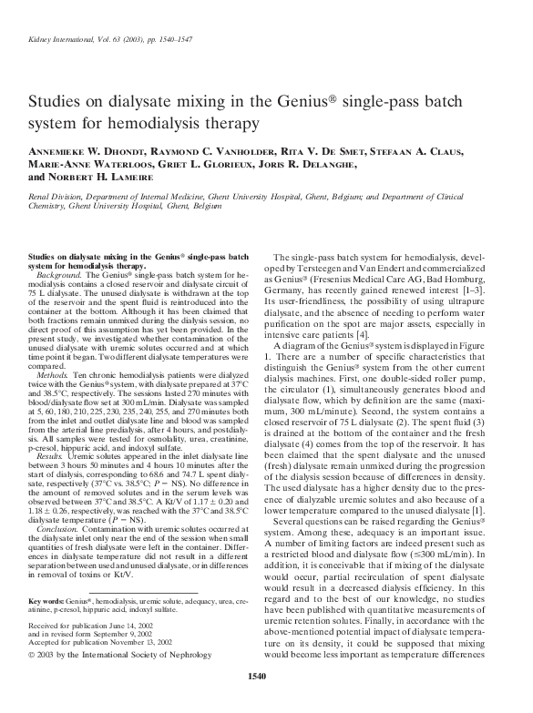 (PDF) Studies on dialysate mixing in the Genius® single-pass batch ...