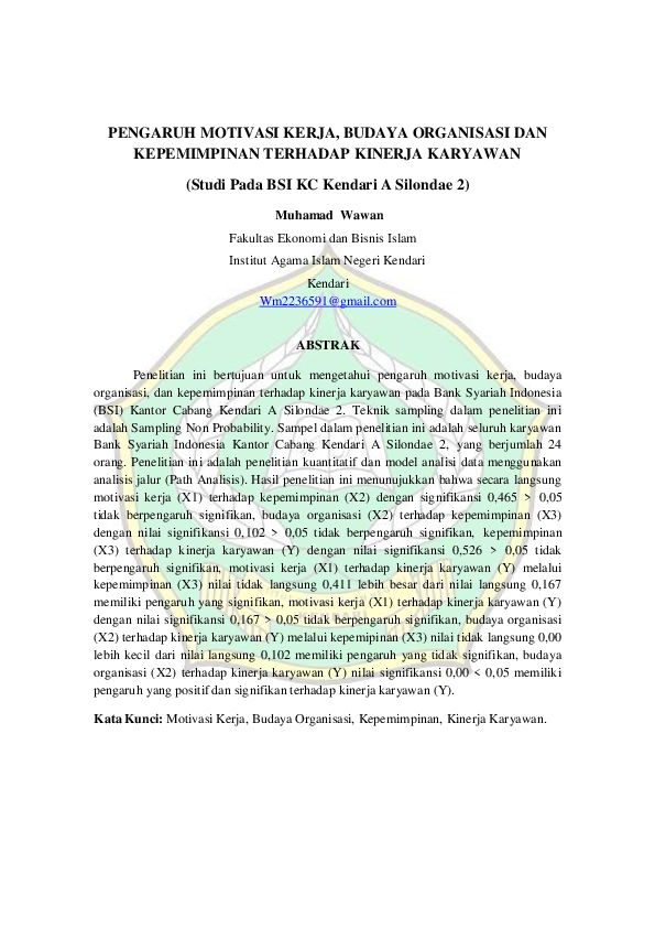 (PDF) PENGARUH MOTIVASI KERJA, BUDAYA ORGANISASI DAN KEPEMIMPINAN TERHADAP KINERJA KARYAWAN
