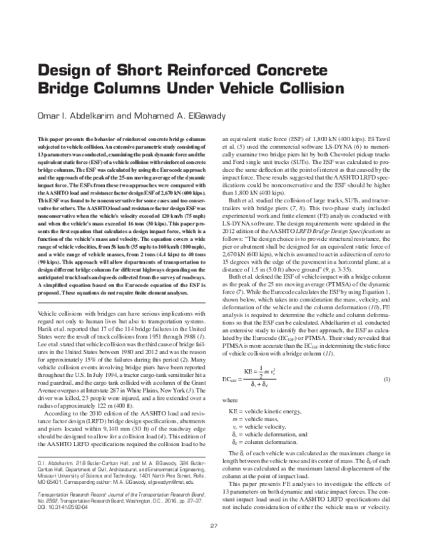 (PDF) Design of Short Reinforced Concrete Bridge Columns Under Vehicle Collision