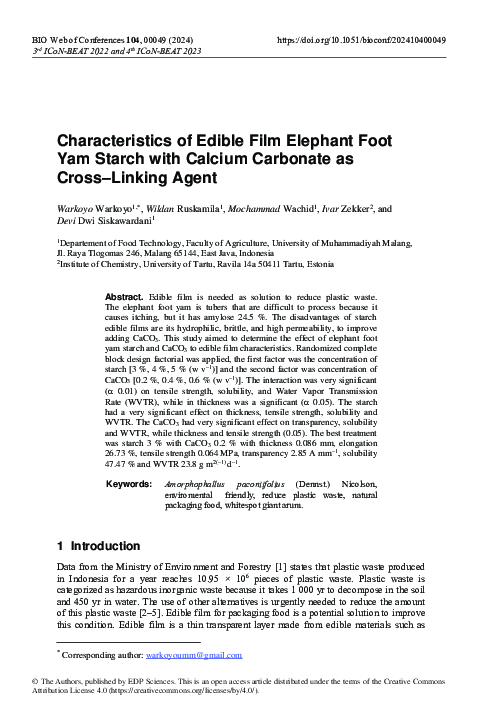 (PDF) Characteristics of Edible Film Elephant Foot Yam Starch with ...