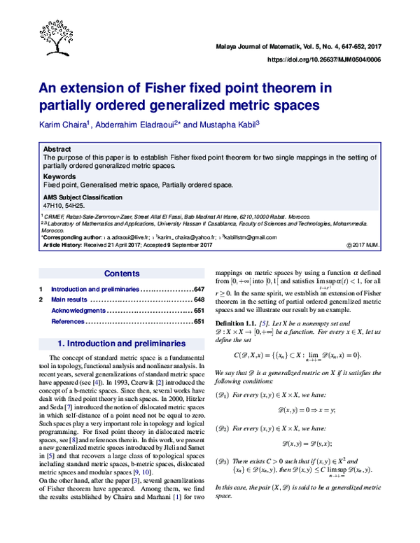 (PDF) An extension of Fisher fixed point theorem in partially ordered generalized metric spaces