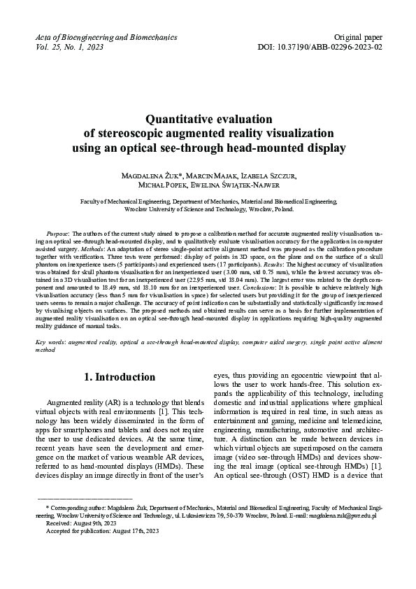 (PDF) Quantitative evaluation of stereoscopic augmented reality visualization using an optical ...